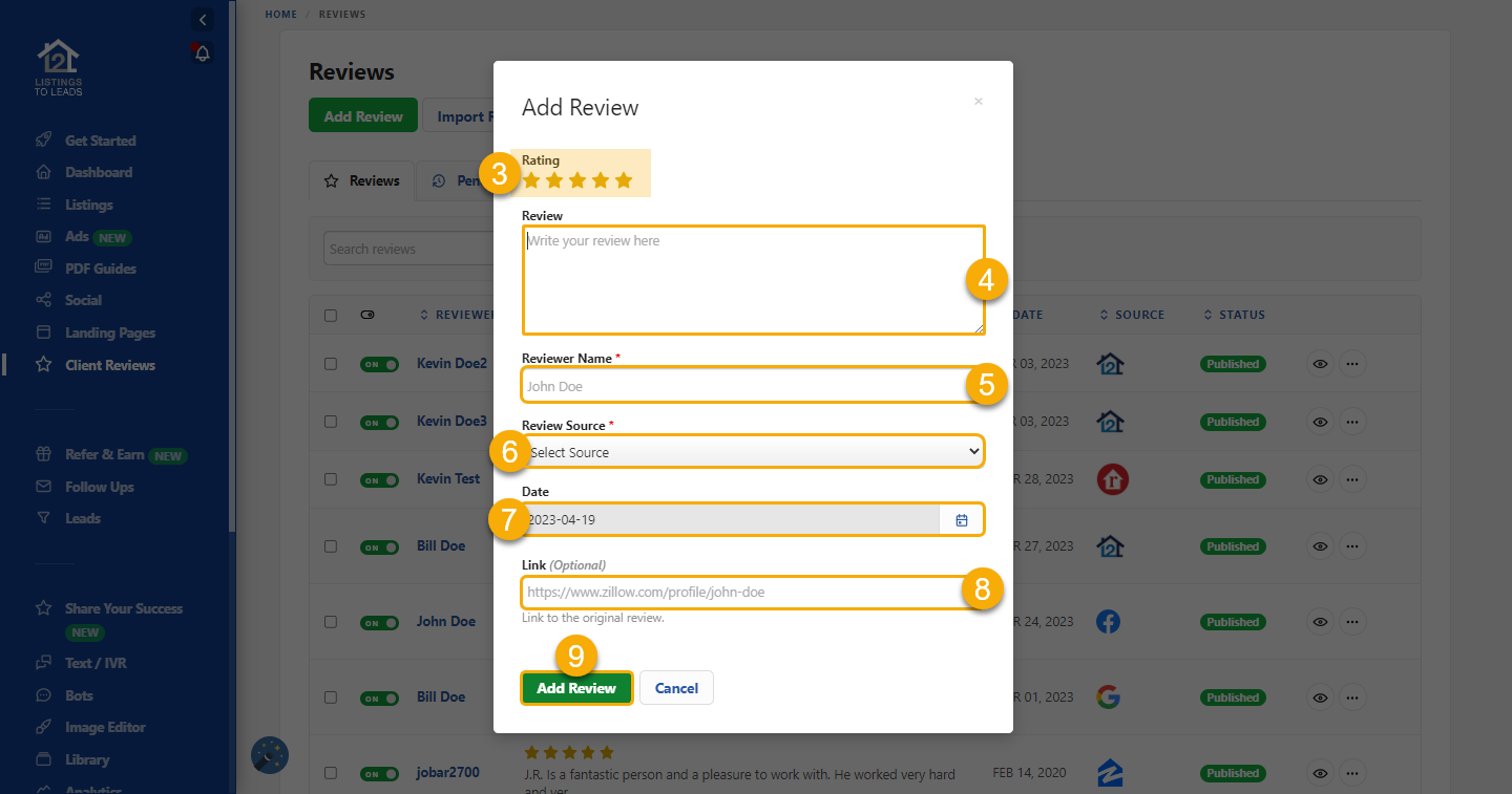 Add Review – Listings-to-Leads