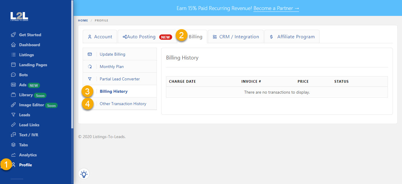 Billing History/ Other Transaction History – Listings-to-Leads