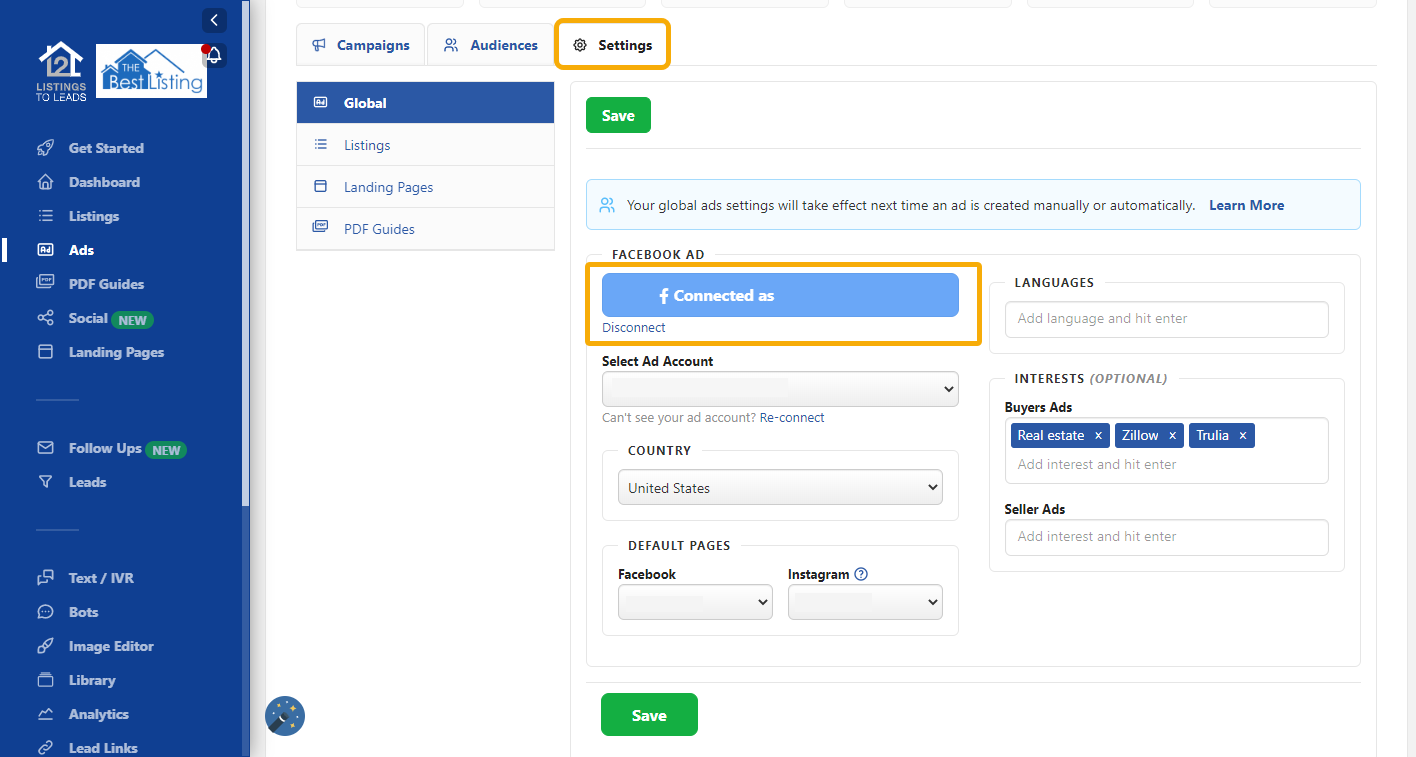 Connect Ad Account – Listings-to-Leads